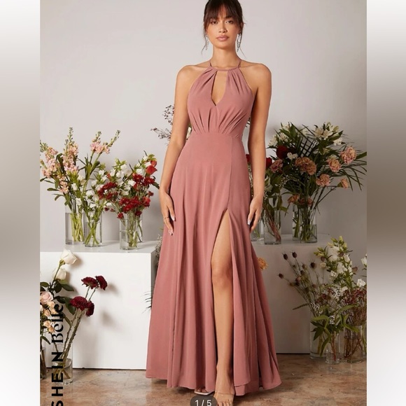 SHEIN | Dresses | Belle Slit Thigh Keyhole Halterneck Tie Back Chiffon ...
